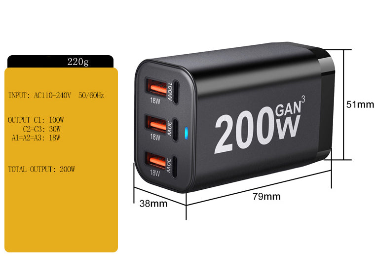 USB C Fast 200W 6-Port Charging Fast GaN Charger Power Adapter ...