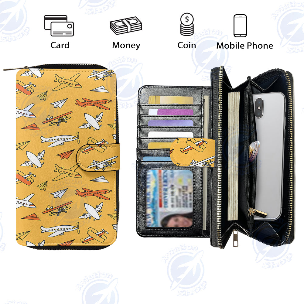 Super Drawings of Airplanes Designed Leather Long Zipper Wallets ...