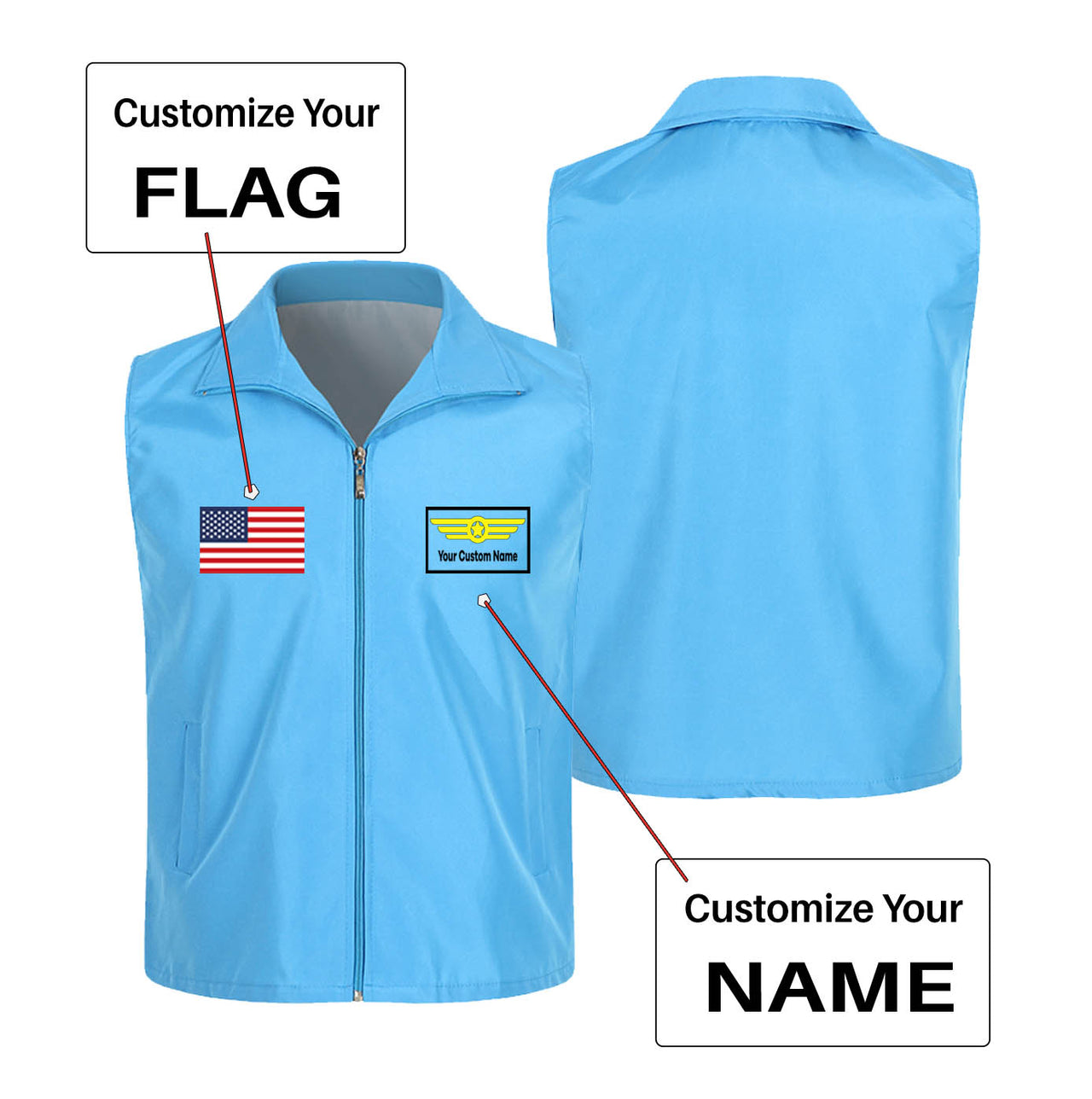 Custom Flag & Name with "Badge 1" Designed Thin Style Vests – Aviation Shop