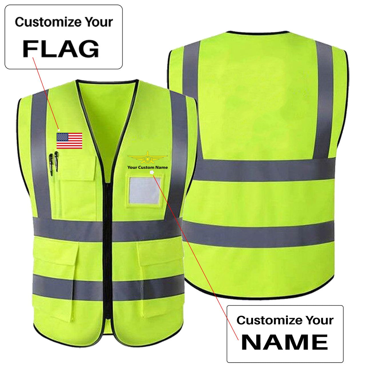 Custom Flag & Name with Badge 3 Designed Reflective Vests – Aviation Shop